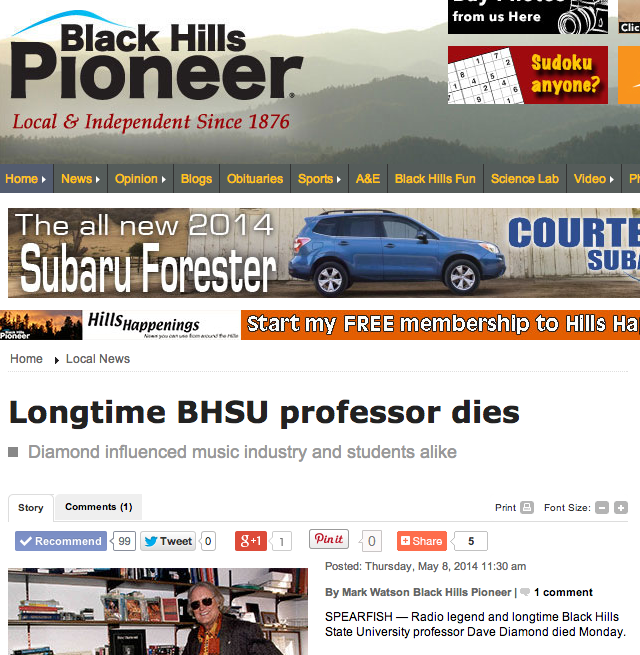 The Black Hills Pioneer Remembers Dave Diamond – Dave Diamond: The ...